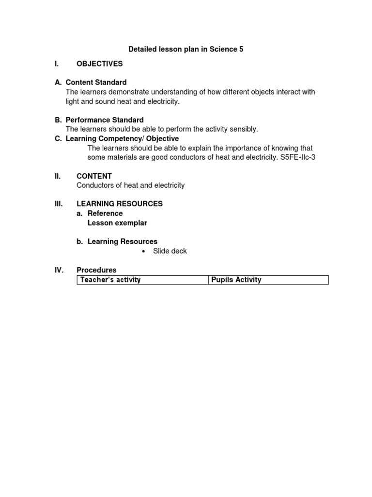 Science 5 Lesson Plan: Conductors | PDF | Lesson Plan | Electrical ...