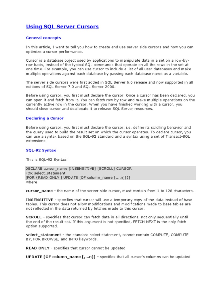 Using SQL Server Cursors: General Concepts | PDF | Data Management ...