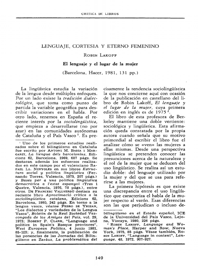 LENGUAJE, CORTESIA Y ETERNO FEMENINO - Robin Lakoff | PDF ...