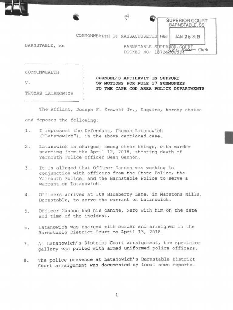Affidavit Motion For Summons by Thomas Latanowich's Attorney | PDF | Affidavit | Arraignment