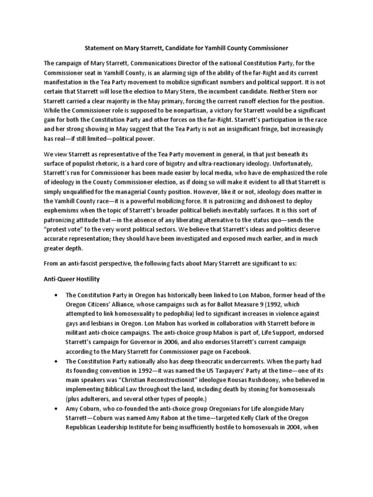 Statement On Mary Starrett | PDF | Tea Party Movement | Political ...