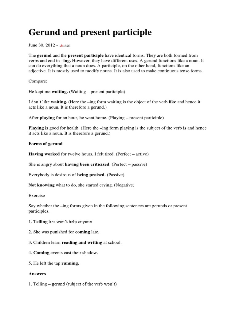 Gerund vs Present Participle Explained | PDF