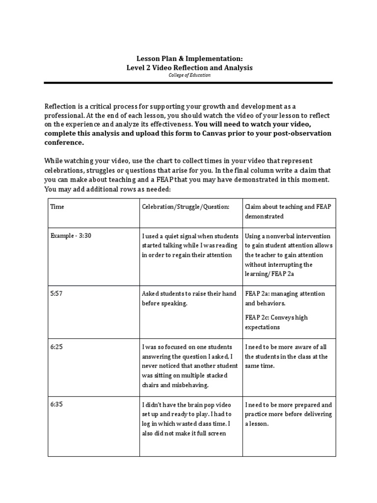 Lesson Plan & Implementation: Level 2 Video Reflection and Analysis ...