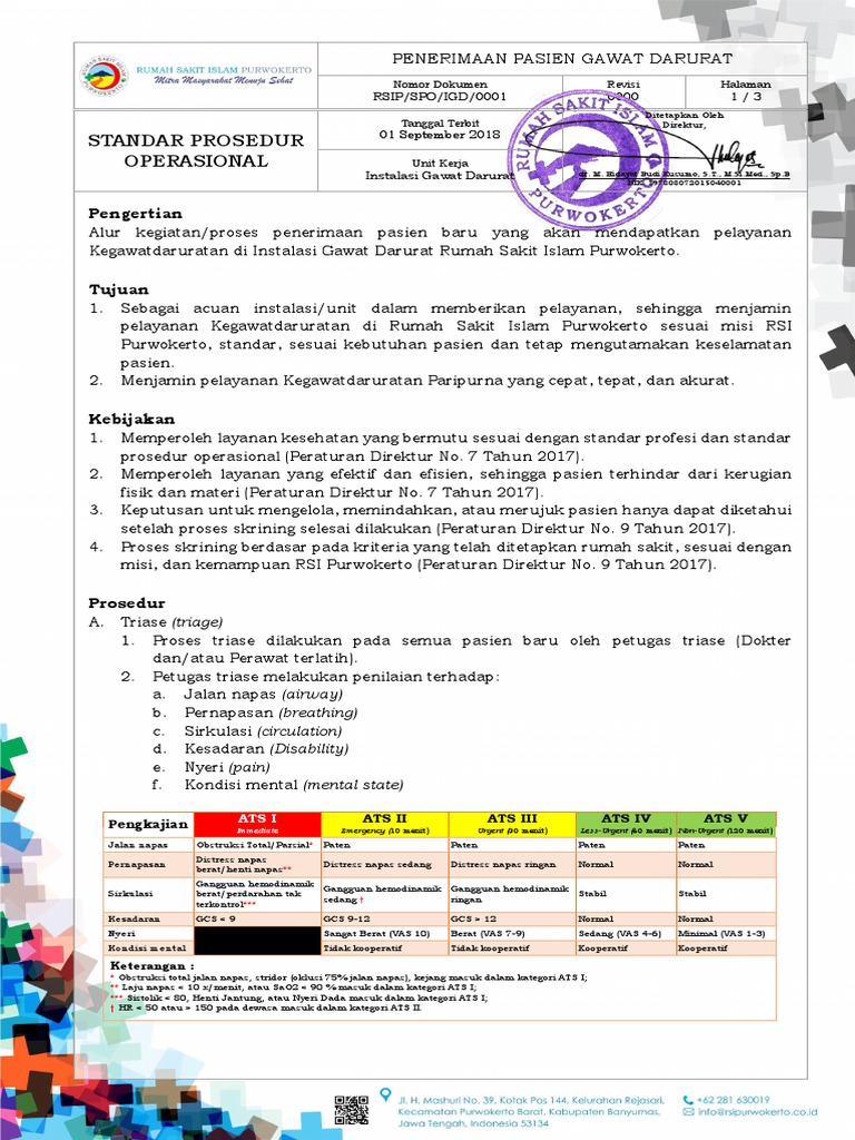 SPO IGD 1. Penerimaan Pasien Gawat Darurat (Triase-Pendaftaran-Asesmen Awal) PDF | PDF