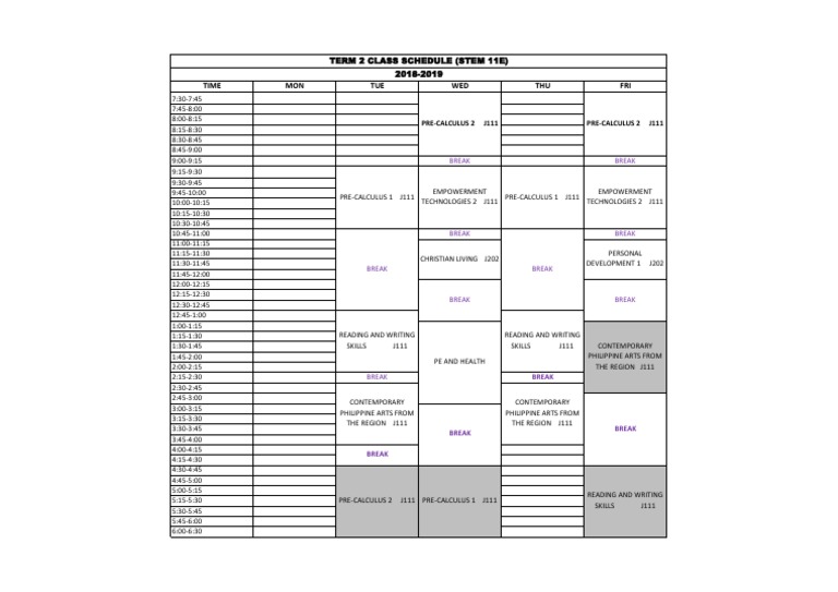 Term 2 Class Schedule (Stem 11E) 2018-2019: Break Break | PDF
