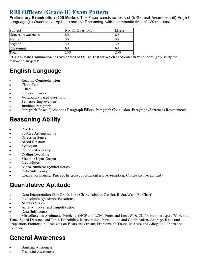 English Language: RBI Officers (Grade-B) Exam Pattern | PDF | Public ...