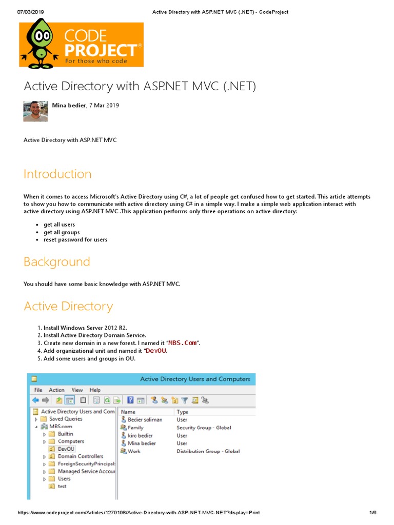 Active Directory With Asp Net Mvc Net Codeproject Pdf Active Directory System Software