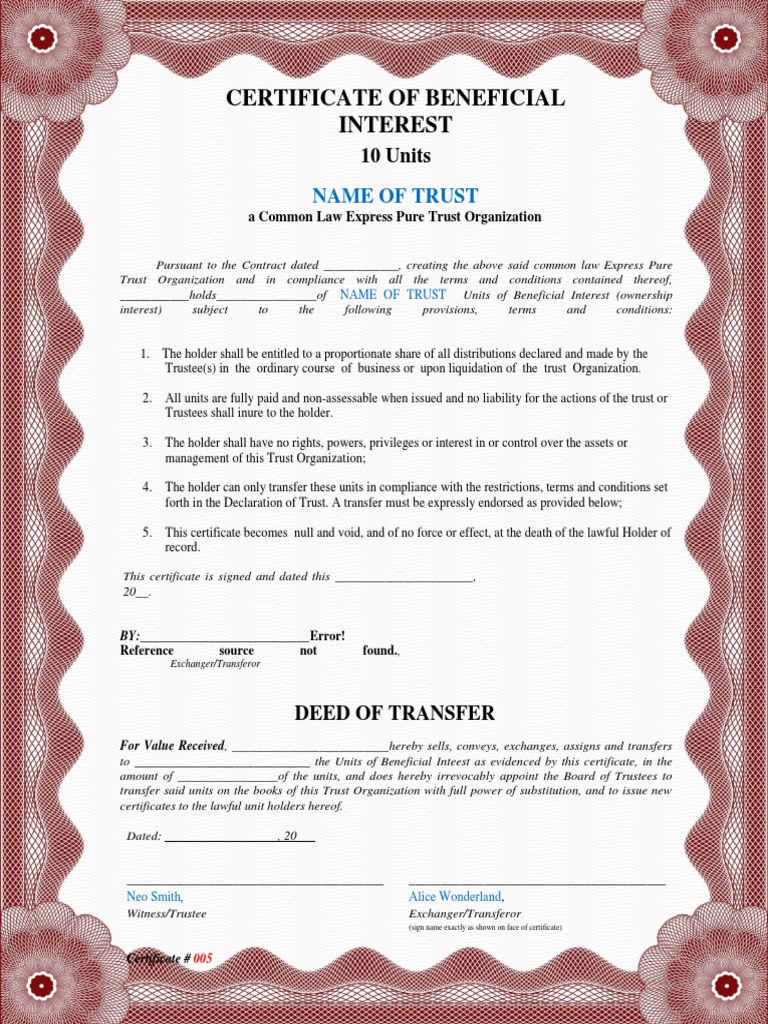 Certificate of Beneficial Interest | PDF | Trust Law | Property Law