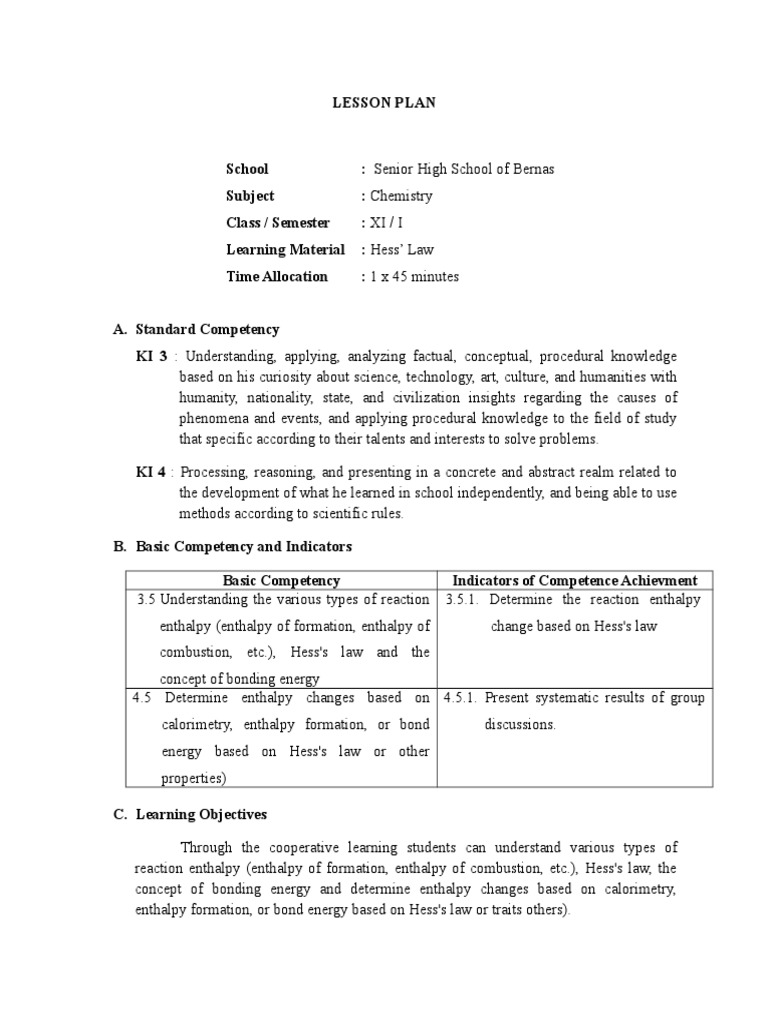 Lesson Plan Hess Law | PDF | Educational Assessment | Enthalpy
