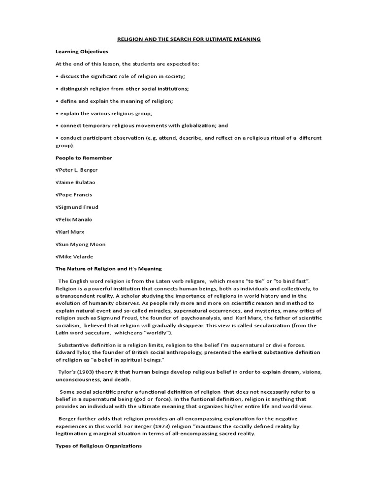 Religion and The Search For Ultimate Meaning Learning Objectives | PDF ...