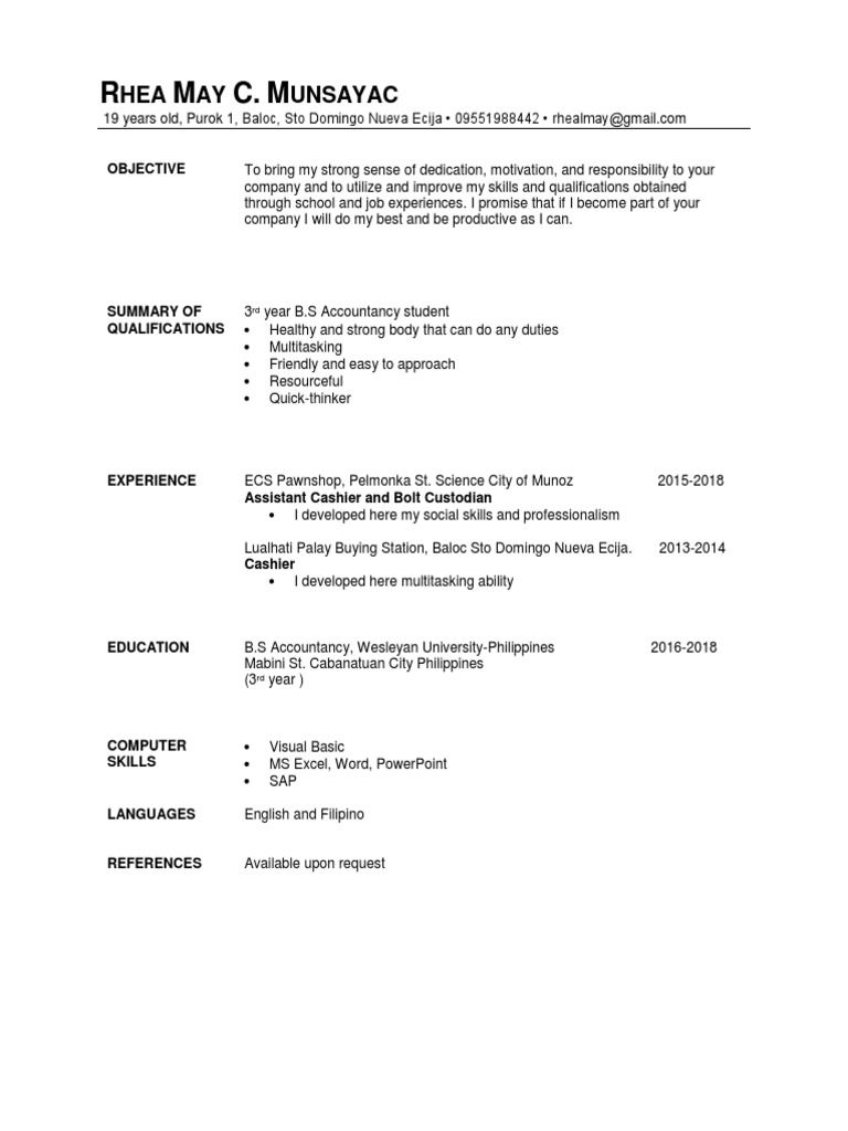 Rhea May C. Munsayac's Resume Highlighting Her Strong Work Ethic ...