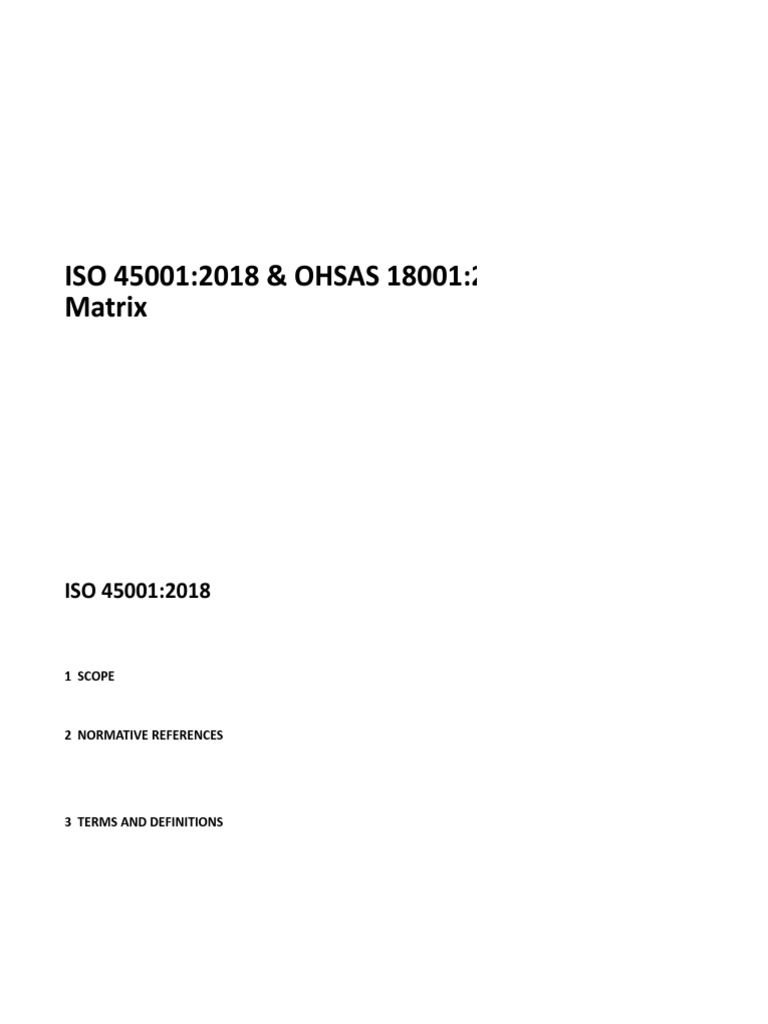 ISO 45001:2018 & OHSAS 18001:2007 Clause-Wise Comparison Matrix | PDF ...