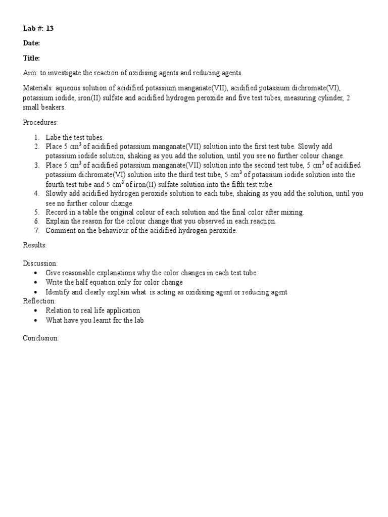 Lab 13 - Testing For Oxidising and Reducing Agents | PDF | Redox ...