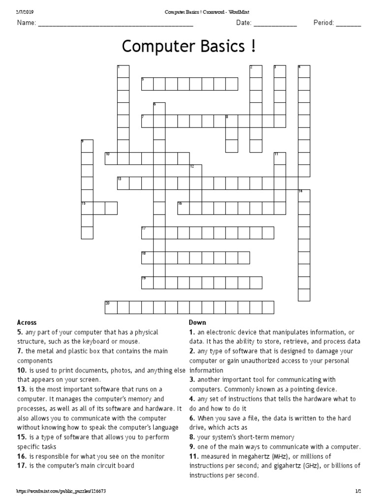 Computer Basics ! Crossword - WordMint | PDF | Computer Hardware | Hertz