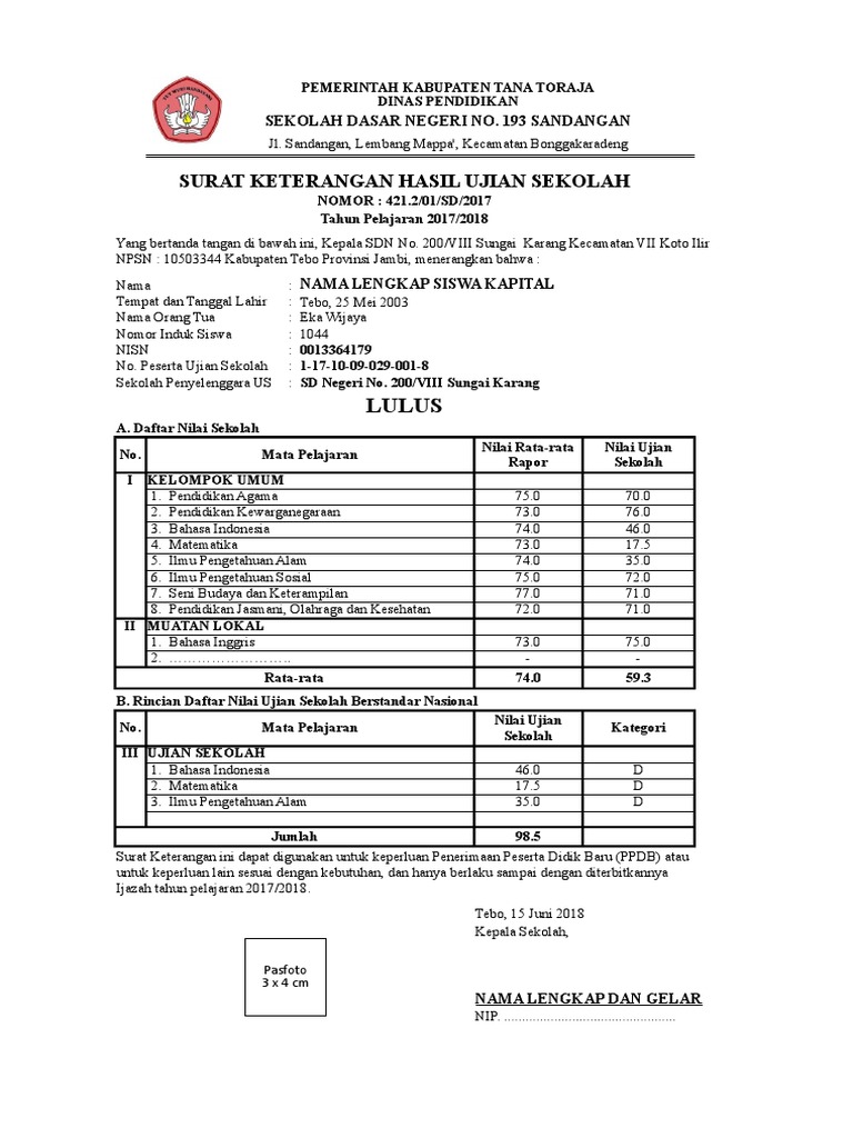 Surat Keterangan Hasil Ujian SD | PDF
