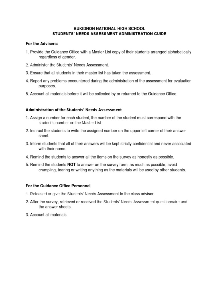 Students' Needs Assessment Instruction - Process | PDF
