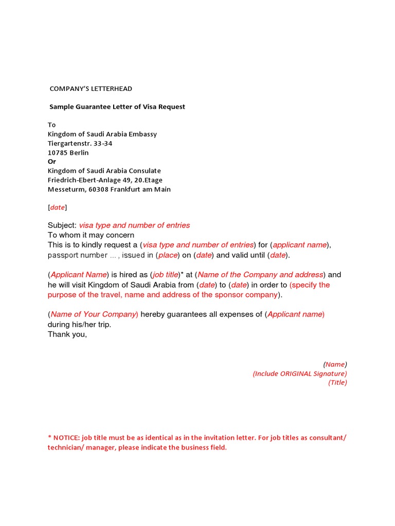 Sample Guarantee Letter of Visa Request | PDF