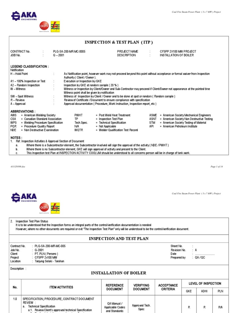 ITP Installation of Boiler - R1 | PDF | Pipe (Fluid Conveyance) | Mechanical Engineering