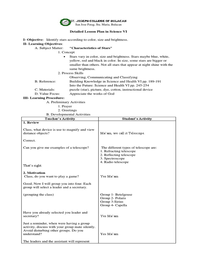 Characteristics of Stars Lesson Plan | PDF | Stars | Atmosphere Of Earth