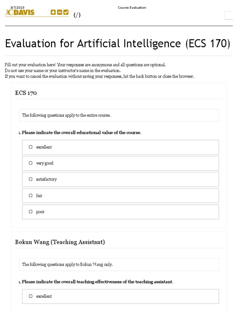 Evaluation For Artificial Intelligence (ECS 170) | PDF