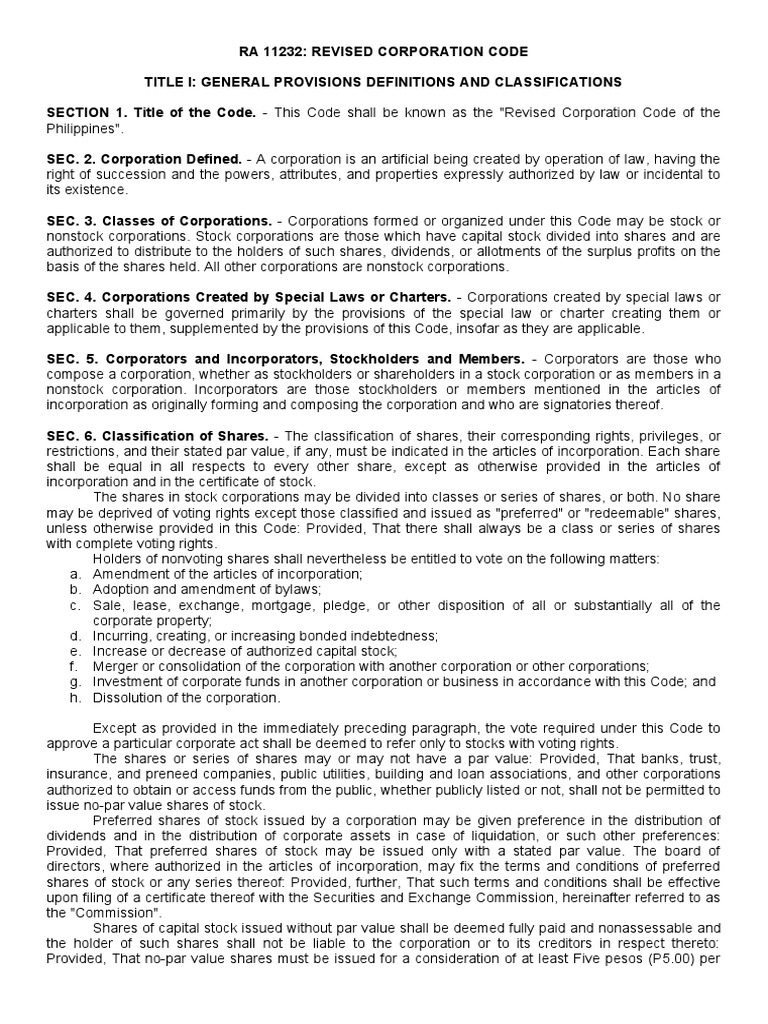 RA 11232 Revised Corporation Code | PDF | Corporations | Stocks