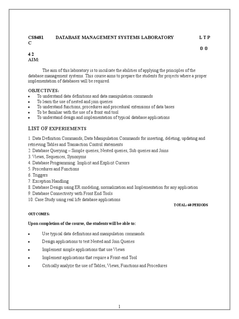 Dbms Labmanual-2018 | PDF | Sql | Databases