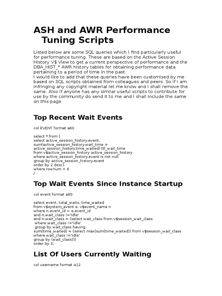 ASH and AWR Performance Tuning Scripts | Download Free PDF | Sql | Information Management