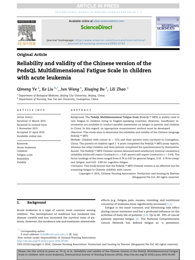 Reliability and Validity of The Chinese Version of The Pedsql ...