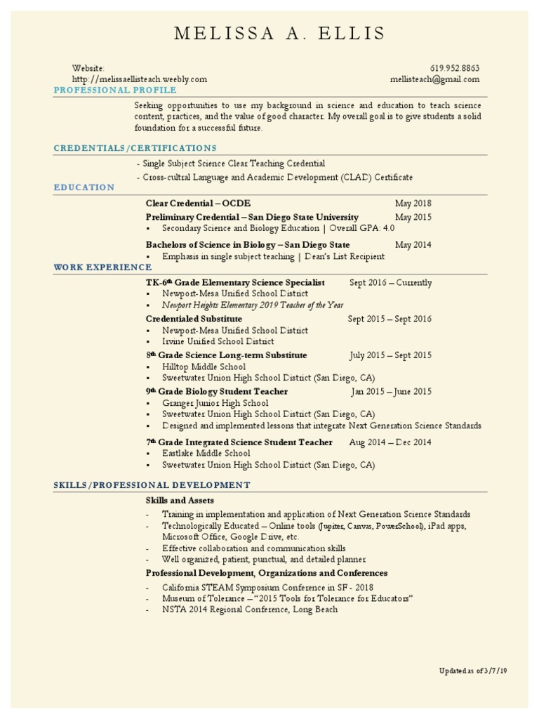 Ellis Resume March 2019 | PDF | Middle Schools | Teachers