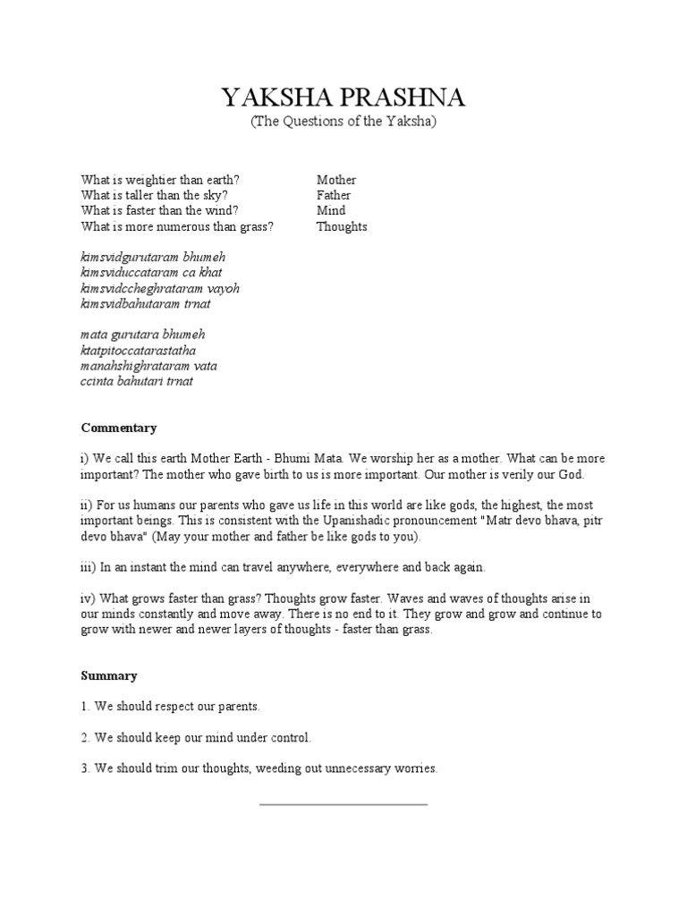 Yaksha Prashna: (The Questions of The Yaksha) | PDF | Ātman (Hinduism ...