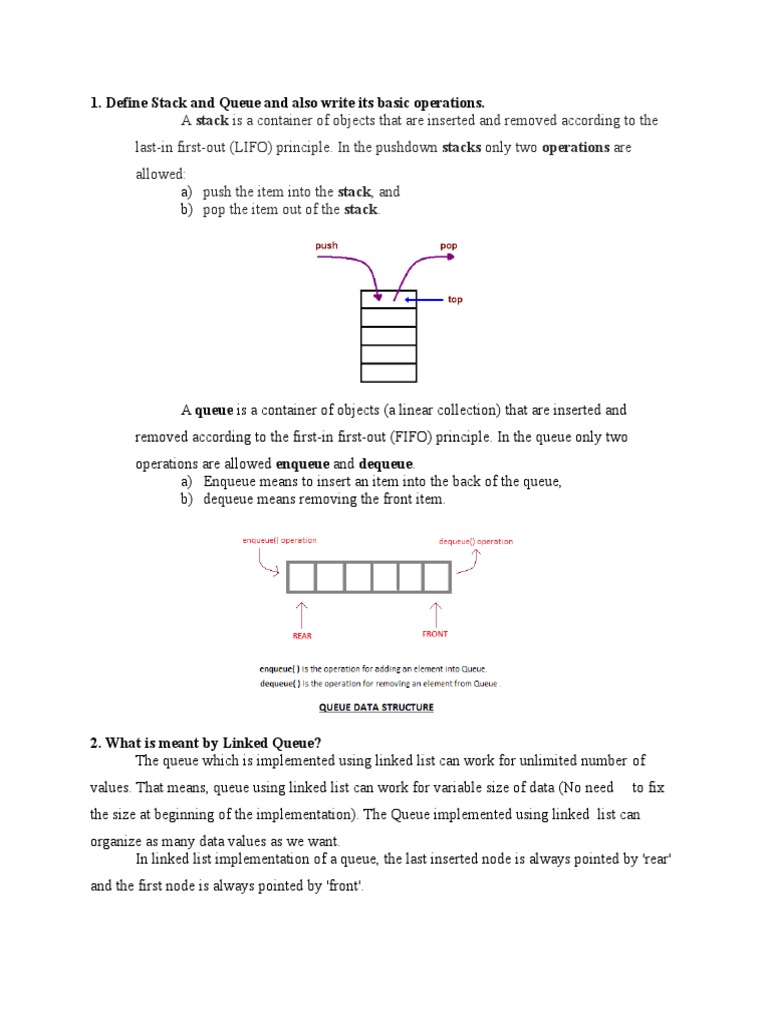 Define Stack and Queue and Also Write Its Basic Operations | PDF ...