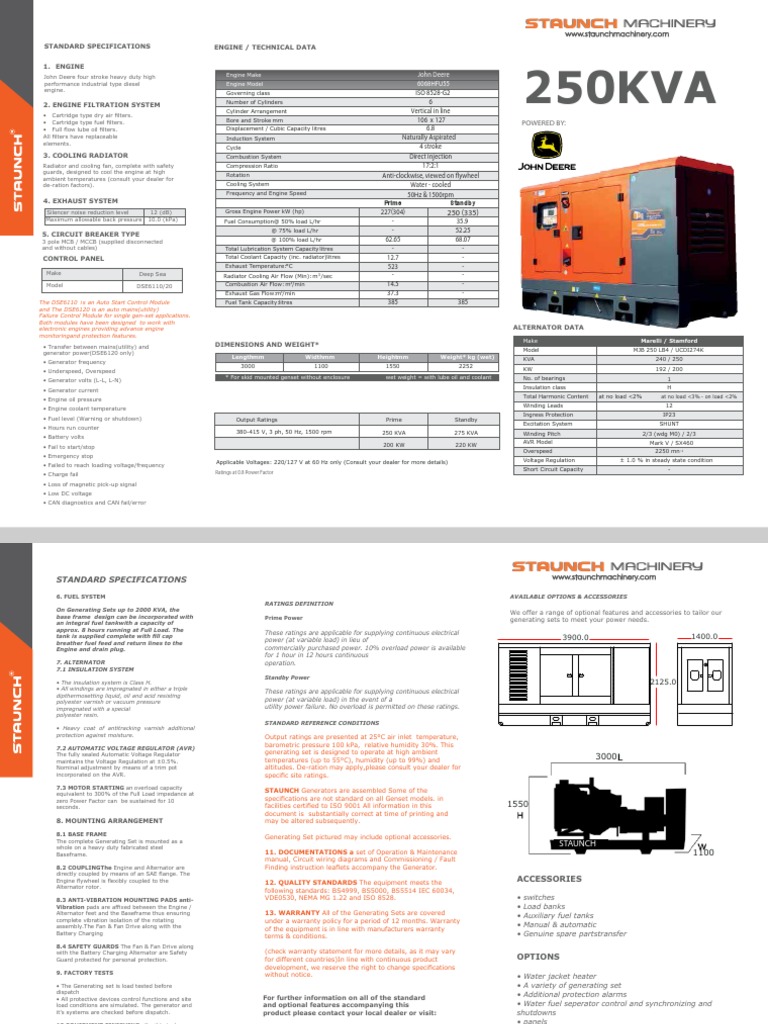 250KVA Generator Specs and Data | PDF | Engines | Manufactured Goods