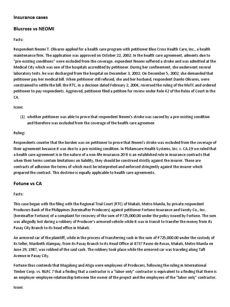 Insurance Cases Blucross Vs NEOMI | PDF | Liability Insurance | Insurance