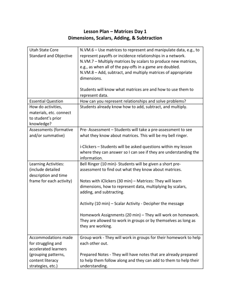 Lesson Plan - Matrices Day 1 Dimensions, Scalars, Adding, & Subtraction ...