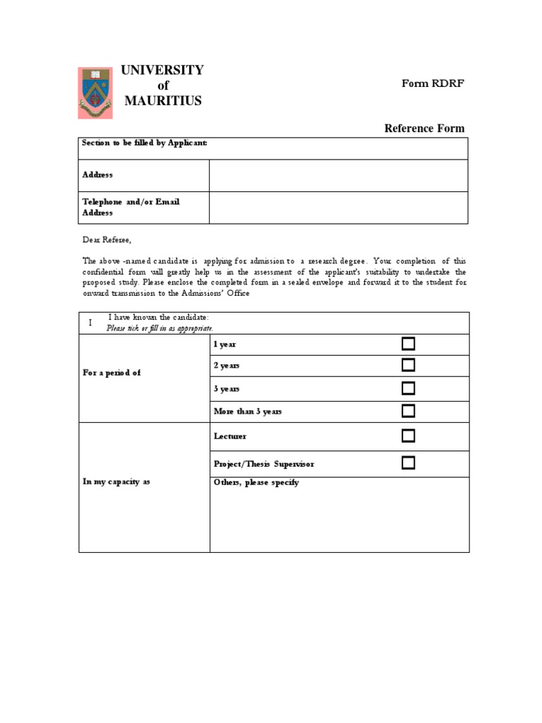 University of Mauritius: Form RDRF | PDF | Thesis | Educational Assessment And Evaluation
