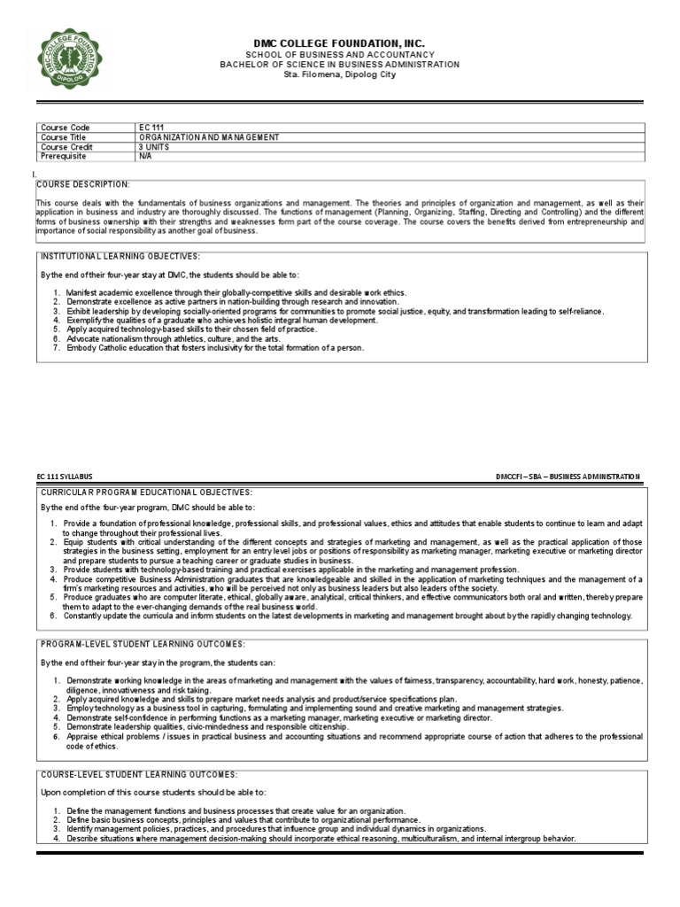 Organization and Management Syllabus | PDF | Strategic Management ...