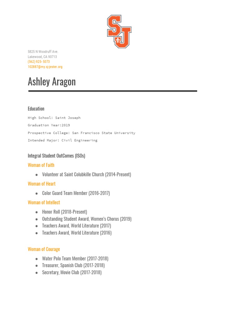 Ashley Aragon's Academic and Volunteer Profile | PDF | Sports & Recreation