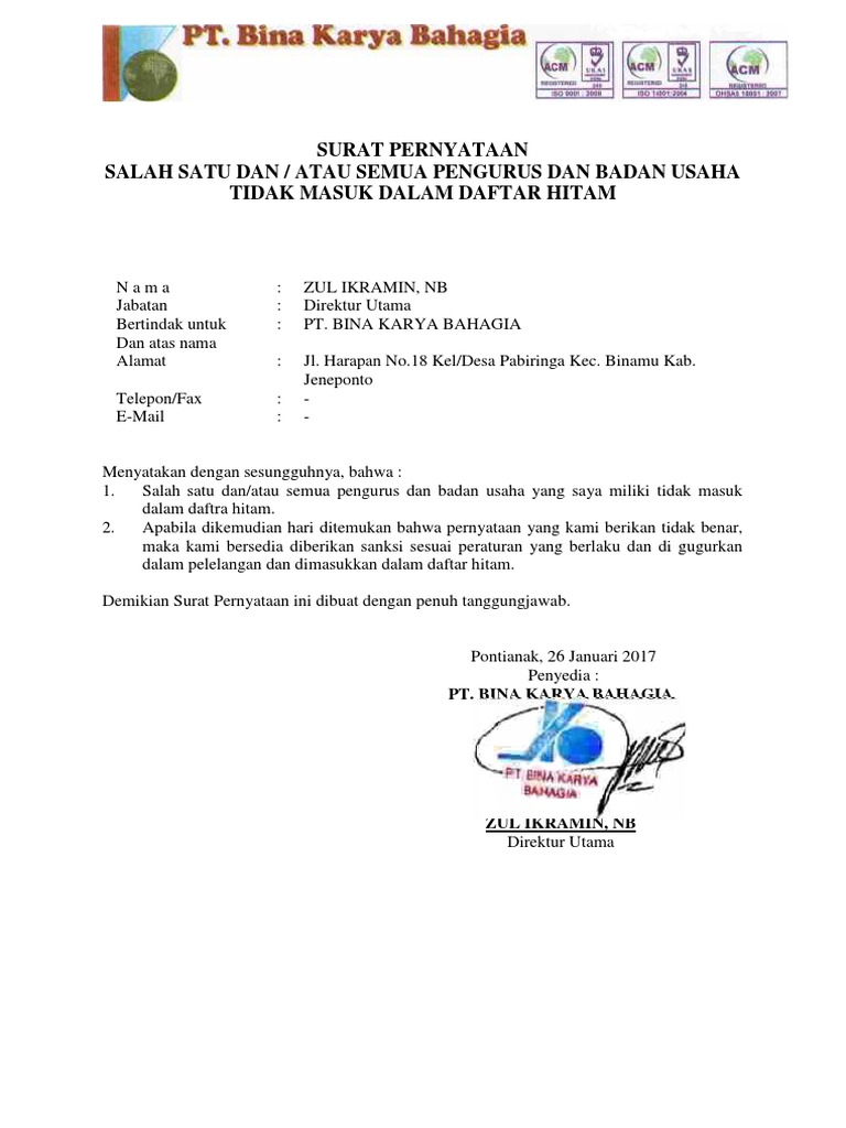 Surat Pernyataan Tidak Masuk Daftar Hitam PDF | PDF
