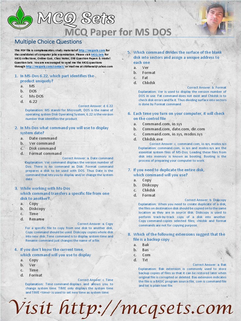 MS DOS Multiple Choice Questions | PDF | Computer File | Filename