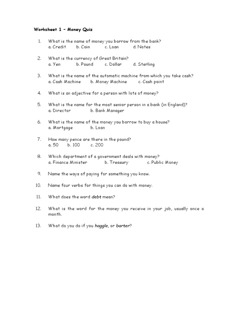 Worksheet 1 - Money Quiz | PDF
