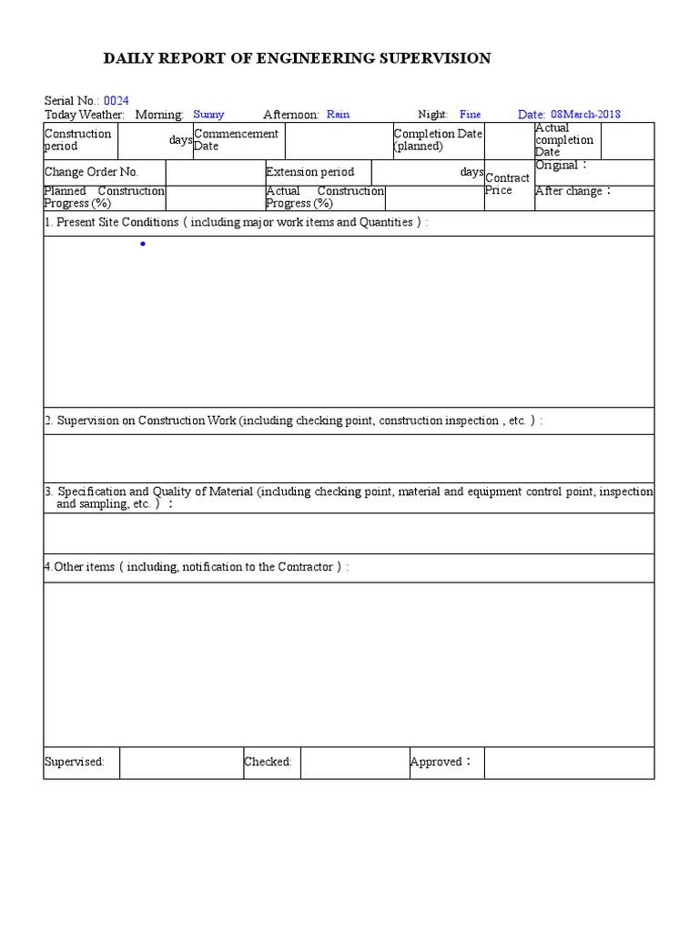 Daily Report of Engineering Supervision: 0024 Date | PDF