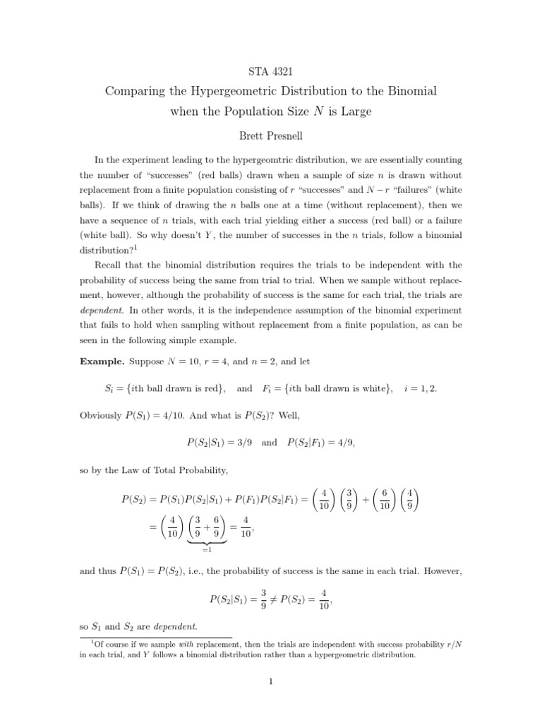 Comparing The Hypergeometric Distribution To The Binomial When The ...
