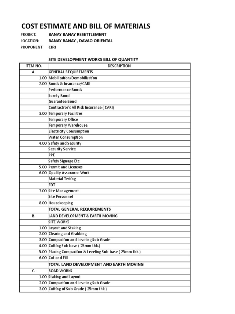 Cost Estimate and Bill of Materials | PDF | Occupational Safety And ...