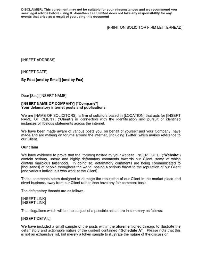 Online Defamation Letter Before Action Template | PDF | Defamation ...
