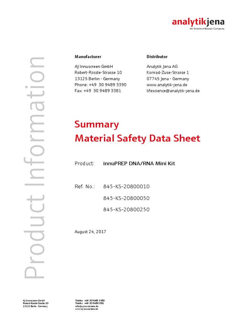 Msds Innuprep Dna Rna Mini Kit | PDF | Dangerous Goods | Toxicity