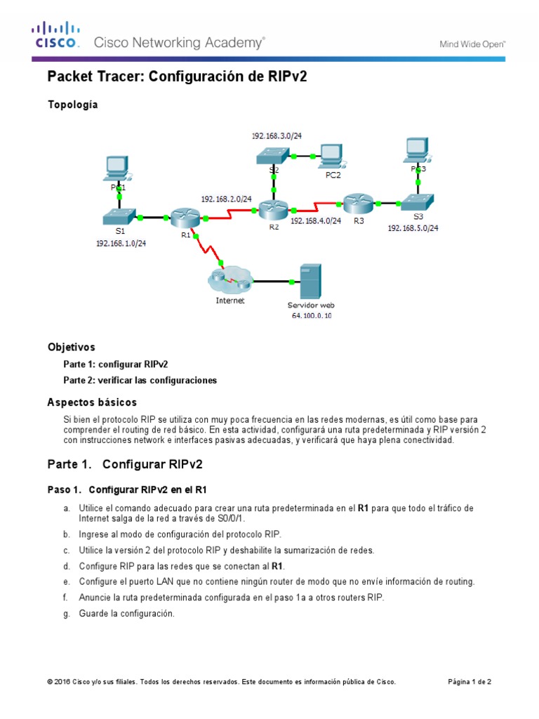 3.2.1.8 Packet Tracer - Configuring RIPv2 Instructions PDF | PDF | Enrutador (Computación ...