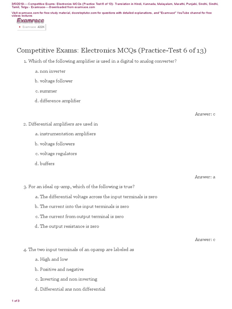 Electronics MCQs for Exam Prep | PDF | Operational Amplifier | Electrical Circuits