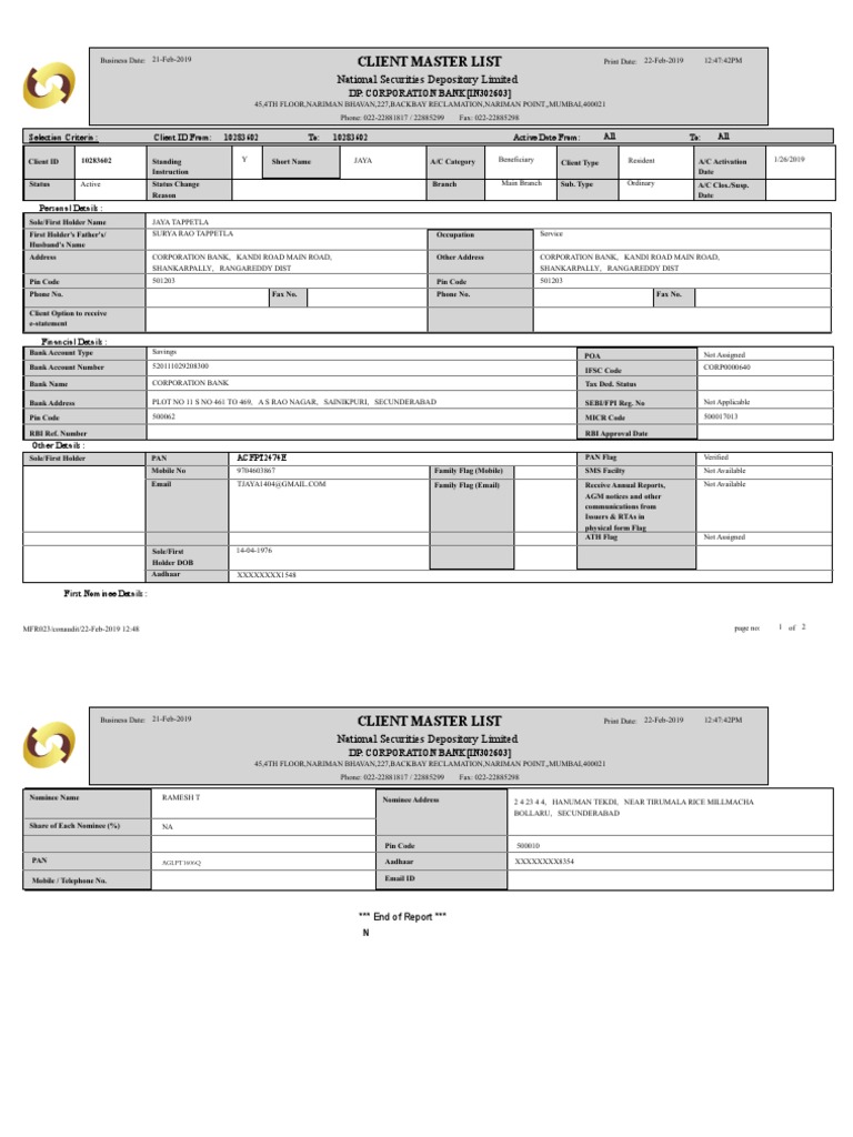 Client Master List: National Securities Depository Limited | PDF ...