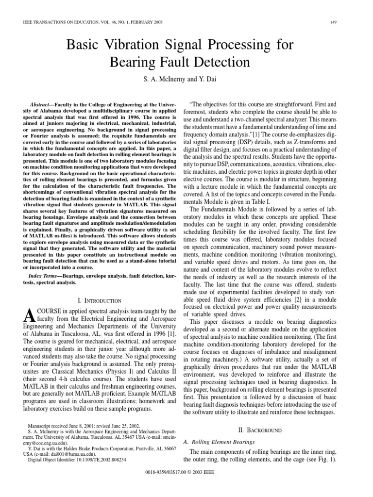 Basic Vibration Signal Processing For Bearing Fault Detection Pdf