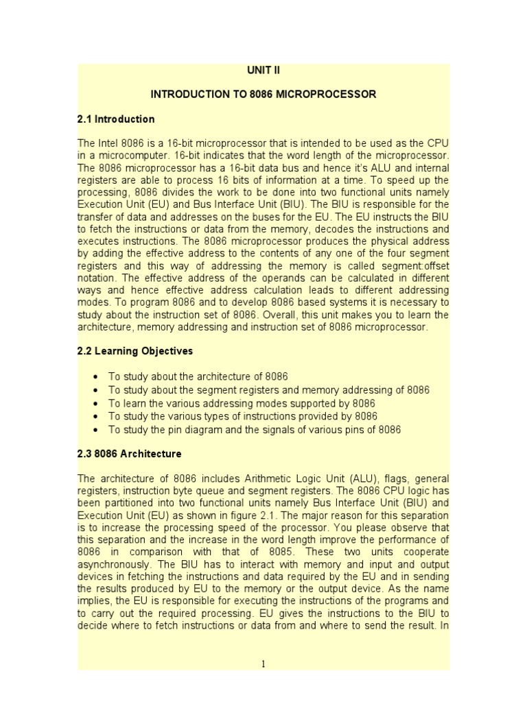 Unit II Introduction To 8086 Microprocessor 8086 Architecture | PDF ... Unit II Introduction To 8086 Microprocessor 8086 Architecture | PDF ...